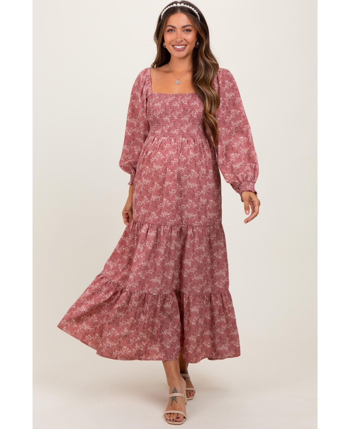 Click here for Pinkblush Mauve Floral Smocked Square Neck Materni... prices