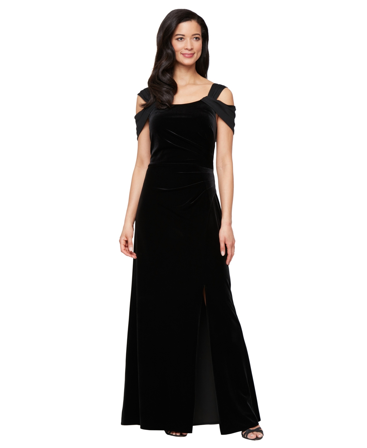 Click here for Alex Evenings Petite Long Cold-Shoulder Stretch Ve... prices