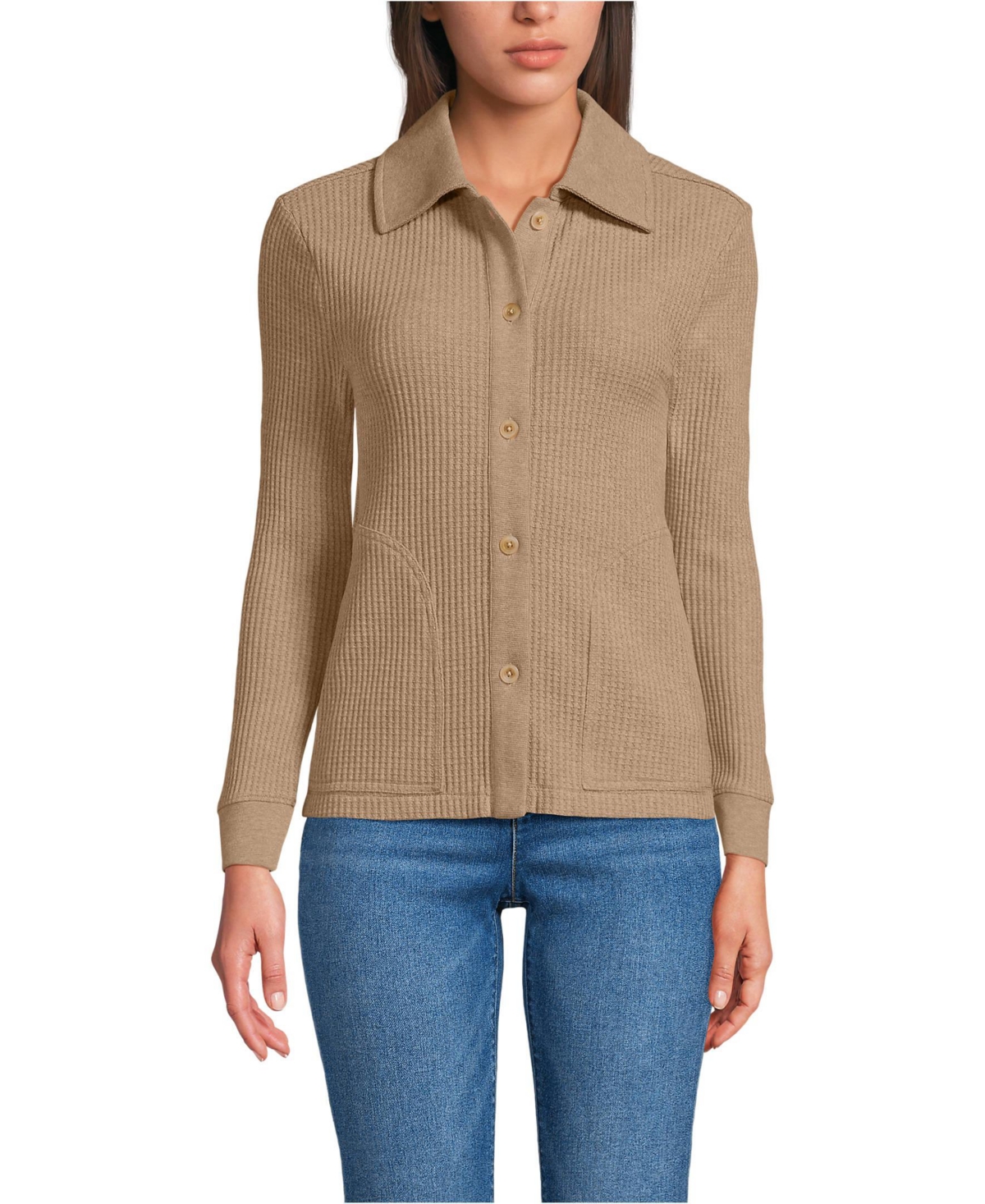 Click here for Lands End Womens Petite Long Sleeve Waffle Collare... prices