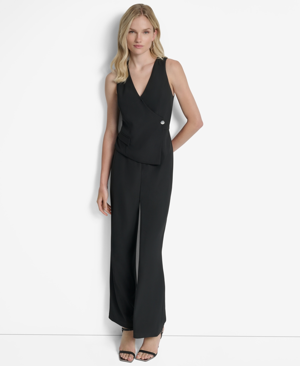 Click here for Dkny Sleeveless Asymmtetric Wide Leg Vest Jumpsuit... prices
