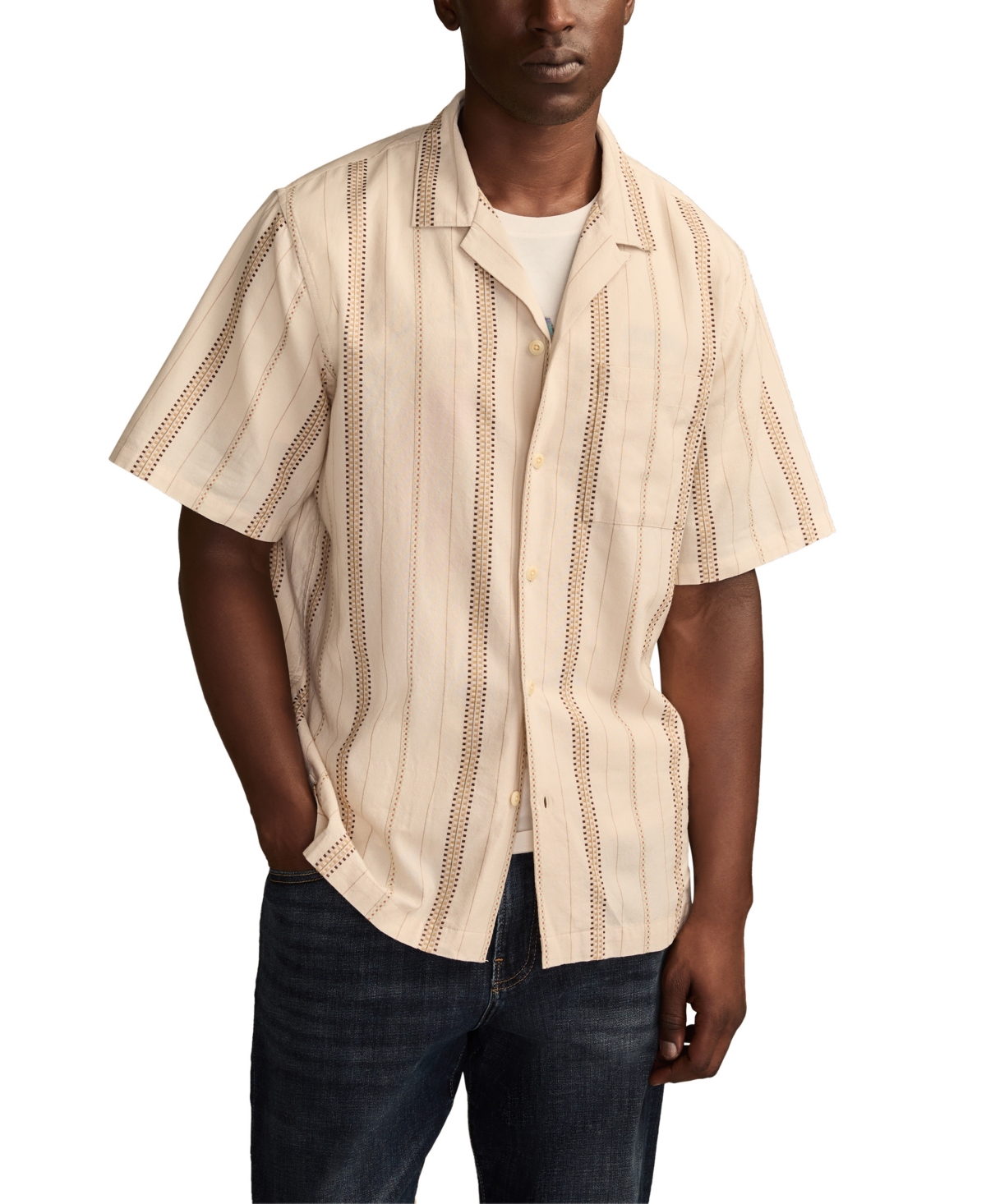 Lucky Brand Mens Textured Stripe Short Sleeve Shirt - Beige