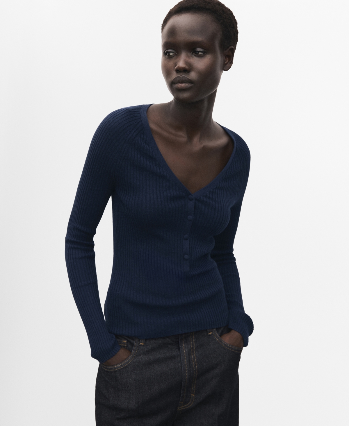 Click here for Mango Womens V-Neck Ribbed Knit Sweater - Dark Nav... prices