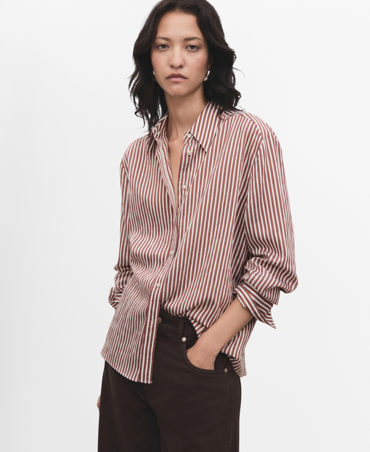 Click here for Mango Womens Striped Straight Shirt - Brown prices