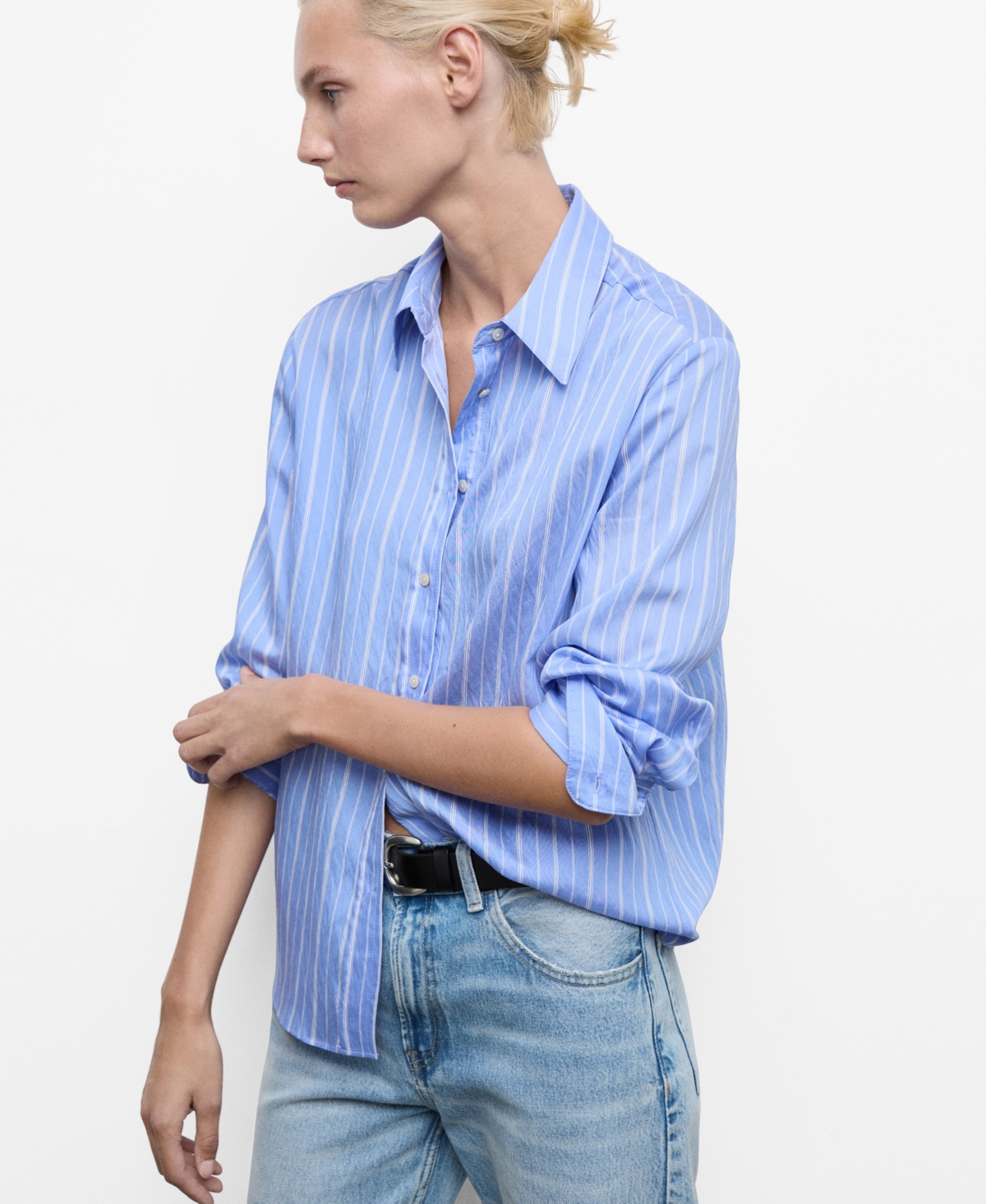Click here for Mango Womens Striped Straight Shirt - Blue prices