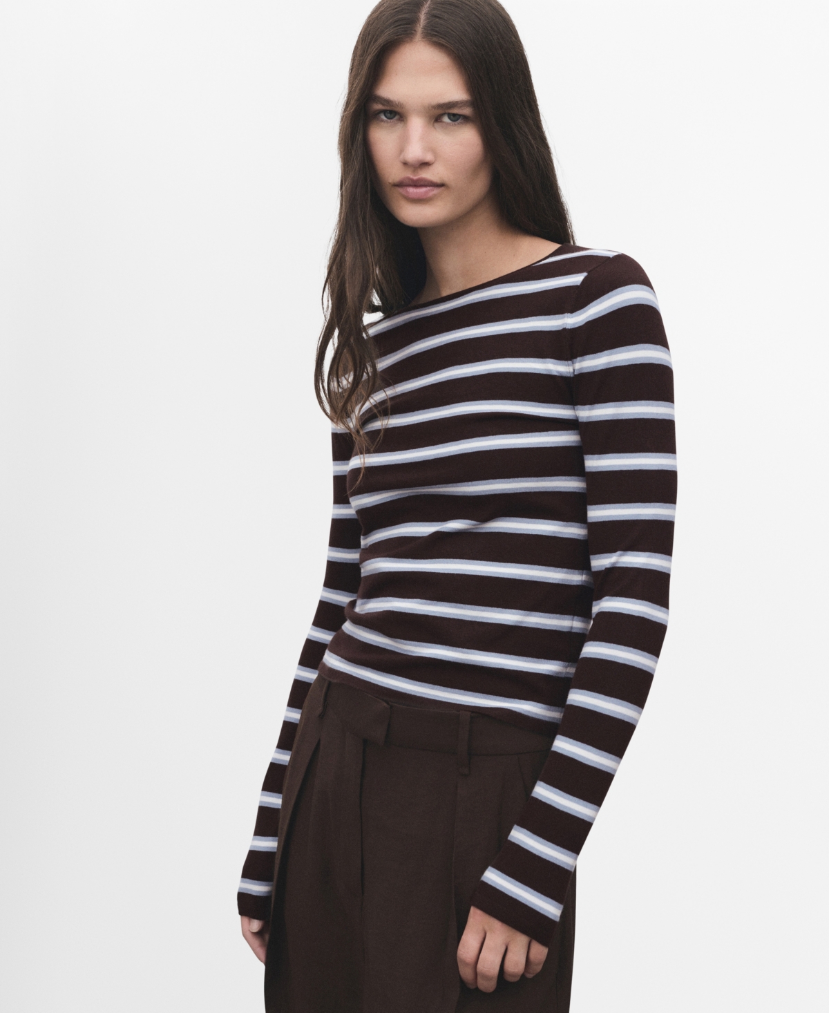 Click here for Mango Womens Fine Knit Striped Sweater - Chocolate prices