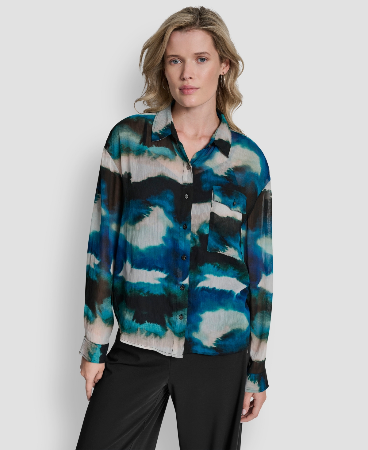 Click here for Dkny Womens Printed Long Sleeve Shirt - Marbled Oc... prices