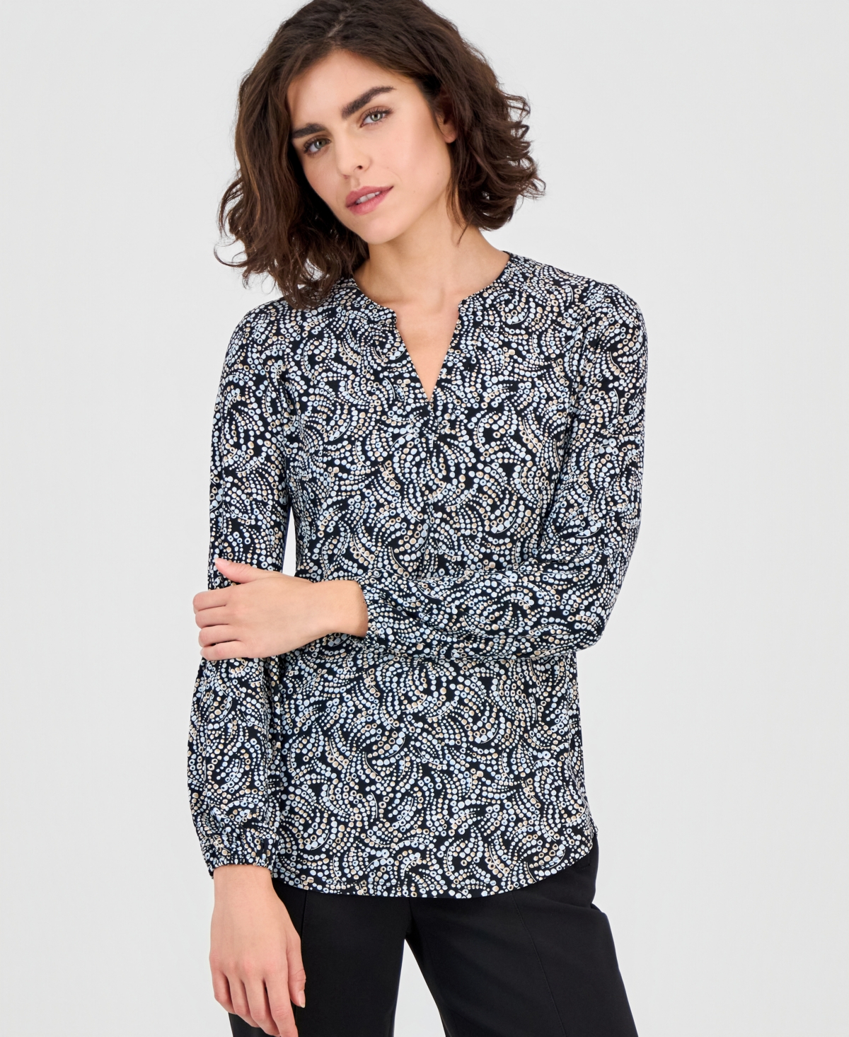 Click here for Ak Anne Klein Womens Printed Split-Neck Long-Sleev... prices