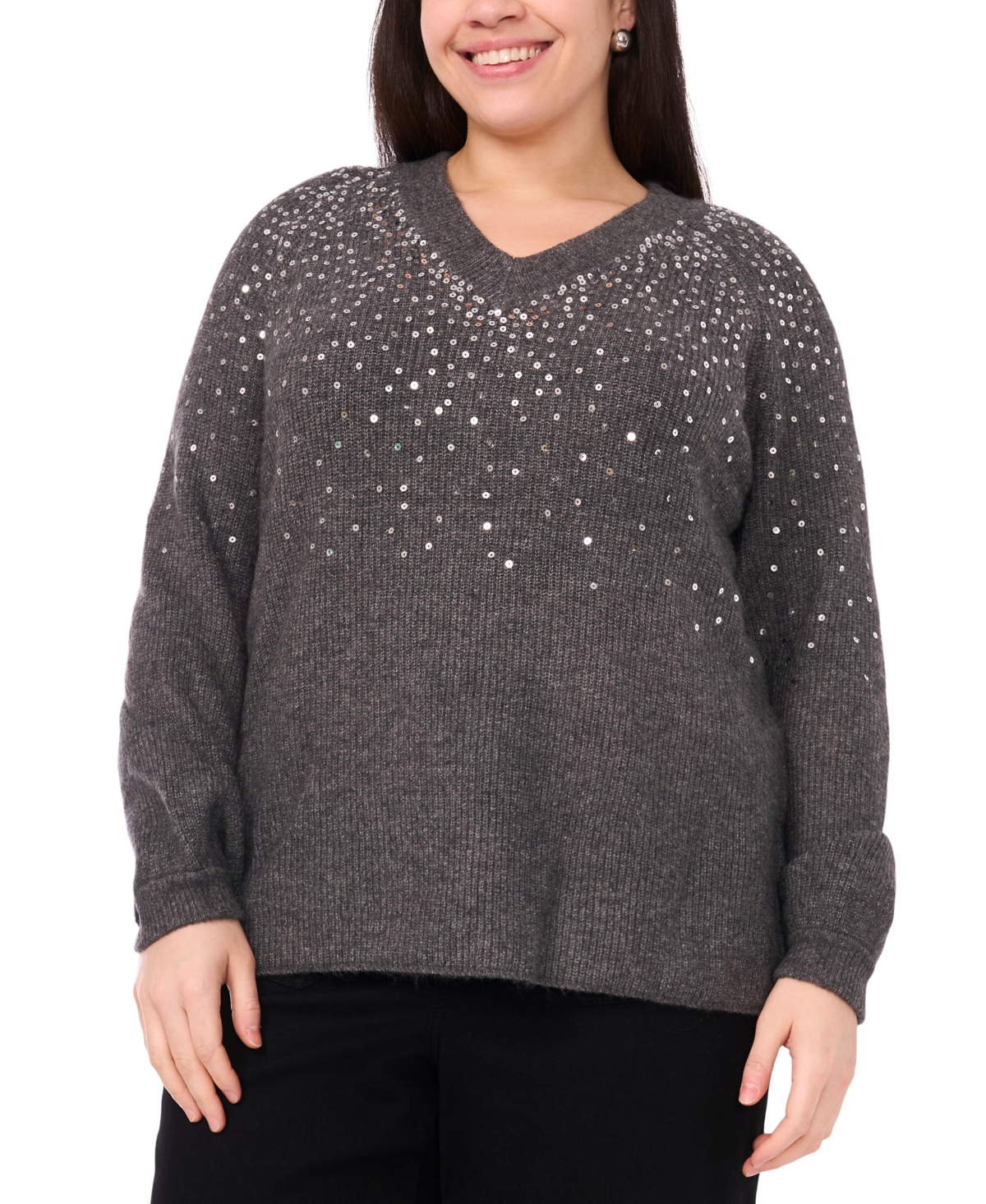 Click here for Vince Camuto Plus Size Sequin V-Neck Raglan Sweate... prices