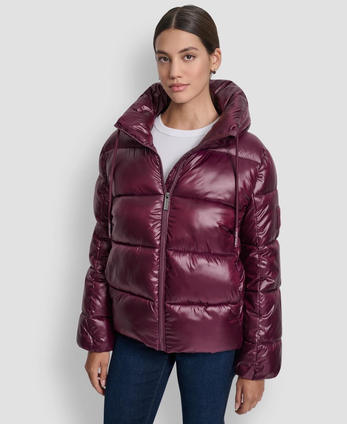 Dkny Jeans Womens Long Sleeve Quilted Puffer Jacket - Metallic Syrah