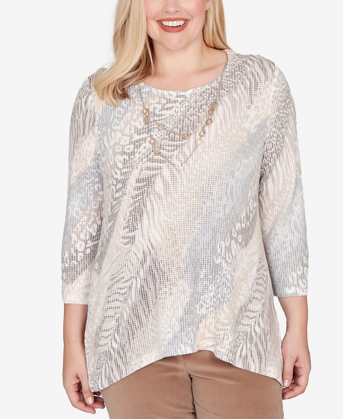 Alfred Dunner Petite Vienna Diagonal Animal Print Top with Necklace - Latte Multi