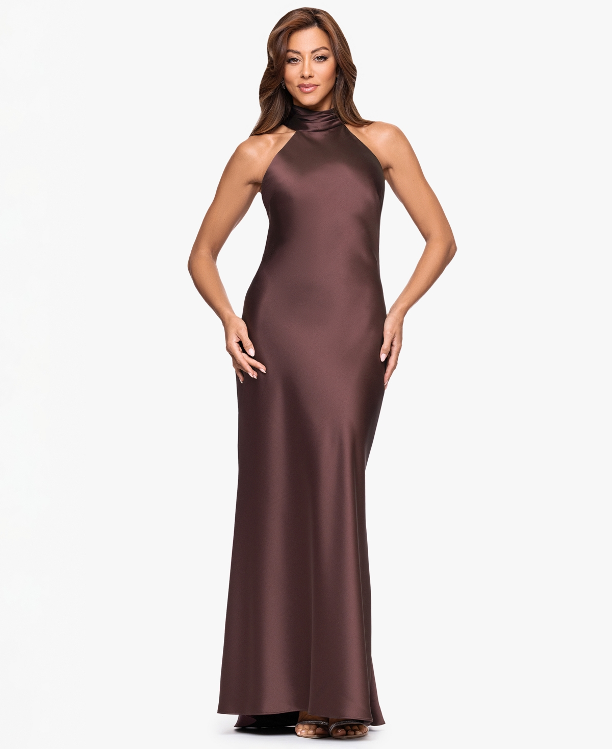 Click here for Xscape Womens Tie Neck Long Dress - CHOCOLATE prices