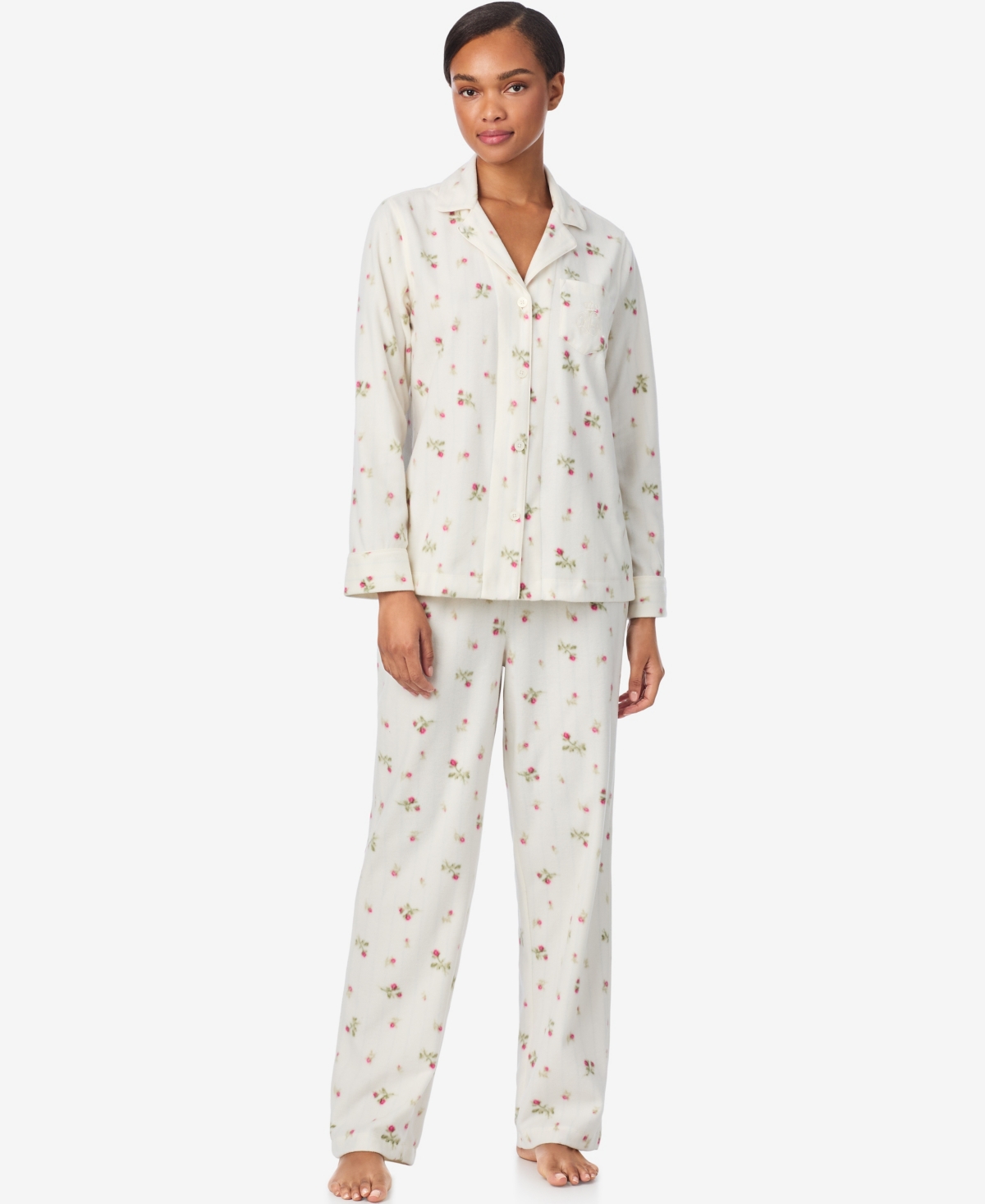 Lauren Ralph Lauren Womens Long Sleeves Notch Collar Pajama Set - Ivory Floral