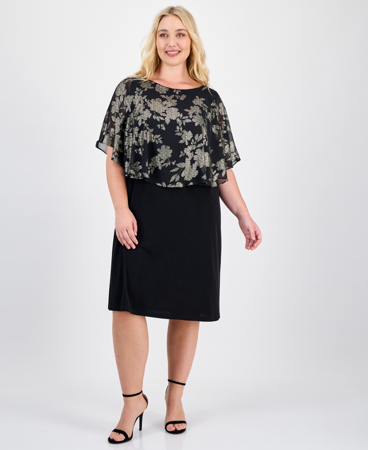 Click here for Connected Plus Size Printed Cape-Overlay Sheath Dr... prices