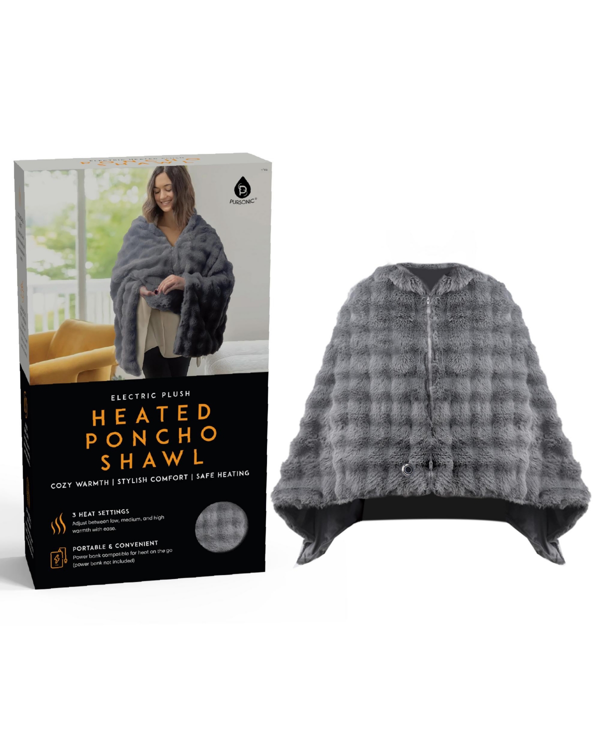 Click here for Pursonic Electric Plush Heated Poncho Shawl - Grey prices