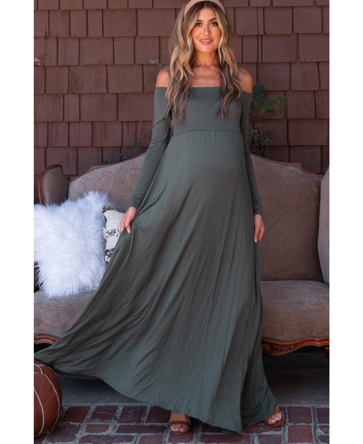 Click here for Pinkblush Maternity Pink Solid Off Shoulder Maxi D... prices