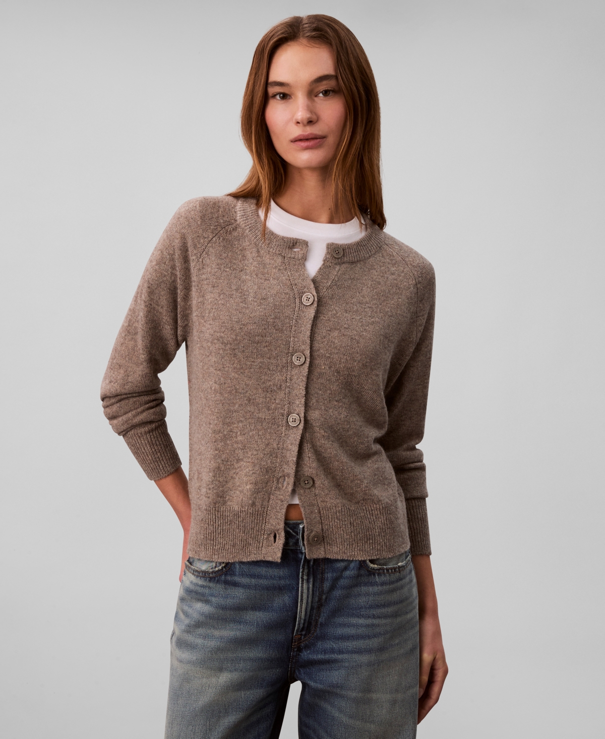 Calvin Klein Womens Long Sleeve Cardigan Sweater - Brown Heather