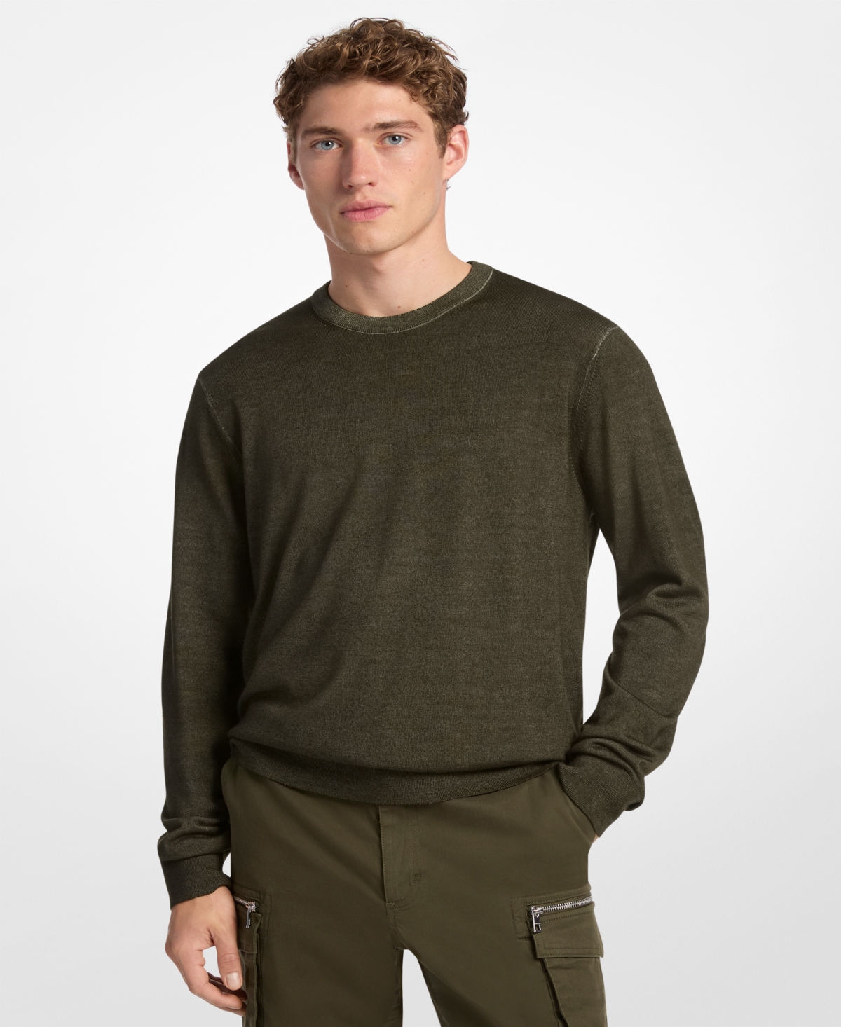 Michael Kors Mens Garment Dye Merino Crewneck Sweater - Ivy