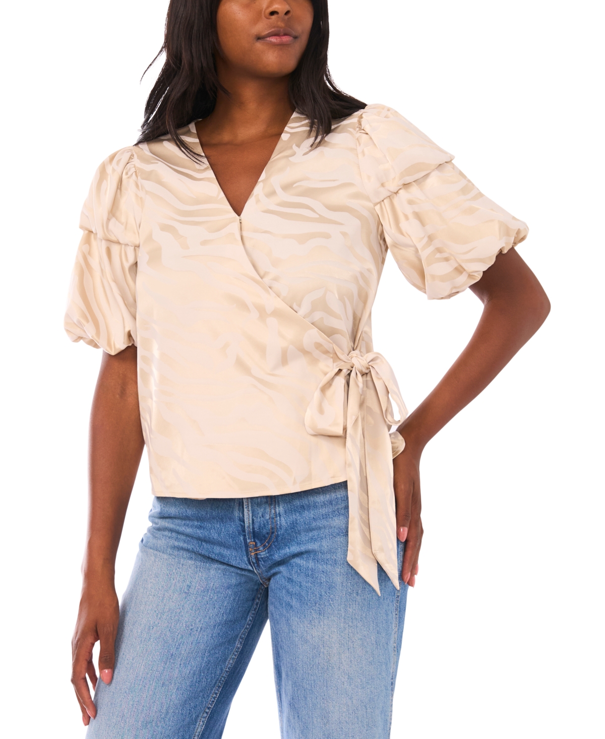 Vince Camuto Womens Bubble Sleeve V-Neck Wrap Tie Top - Birch