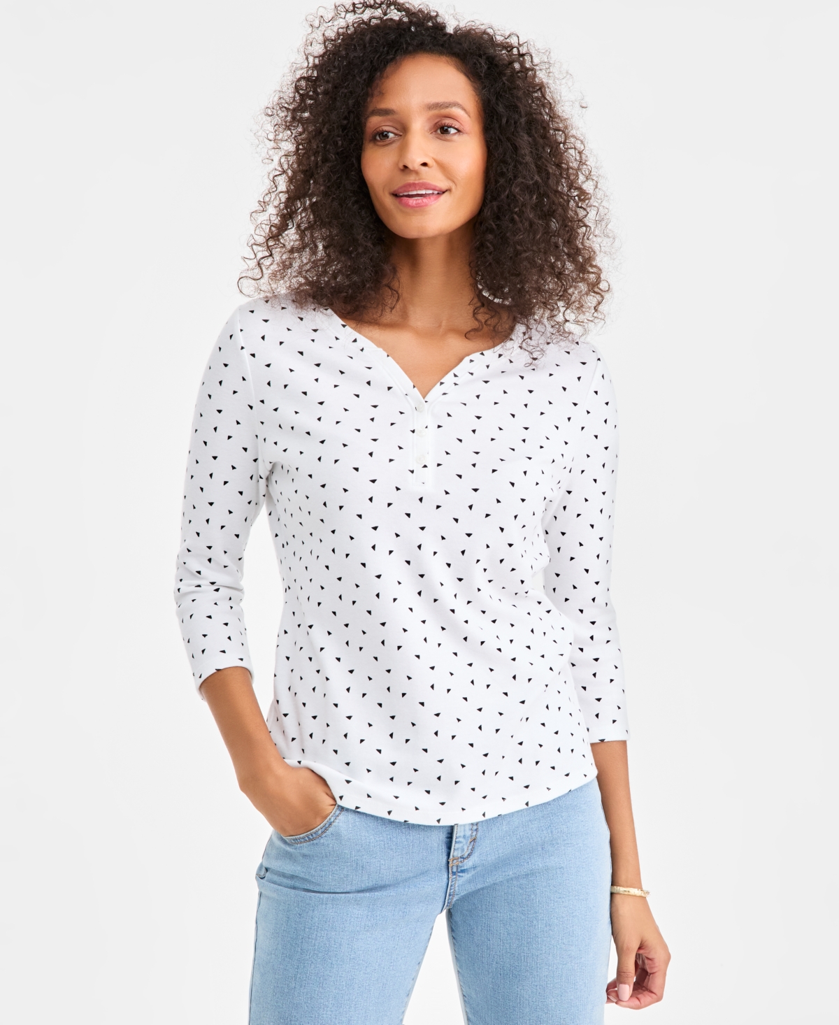 Click here for Style & Co Womens Printed 3/4-Sleeve Henley Top  M... prices