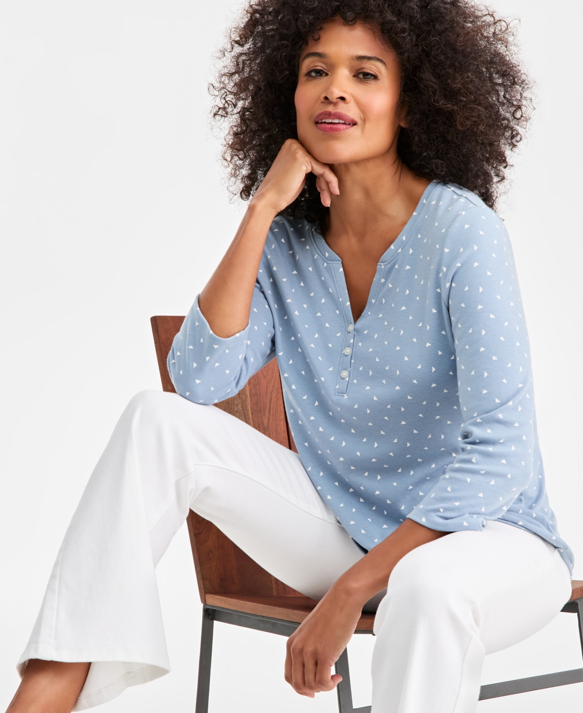 Click here for Style & Co Womens Printed 3/4-Sleeve Henley Top  M... prices