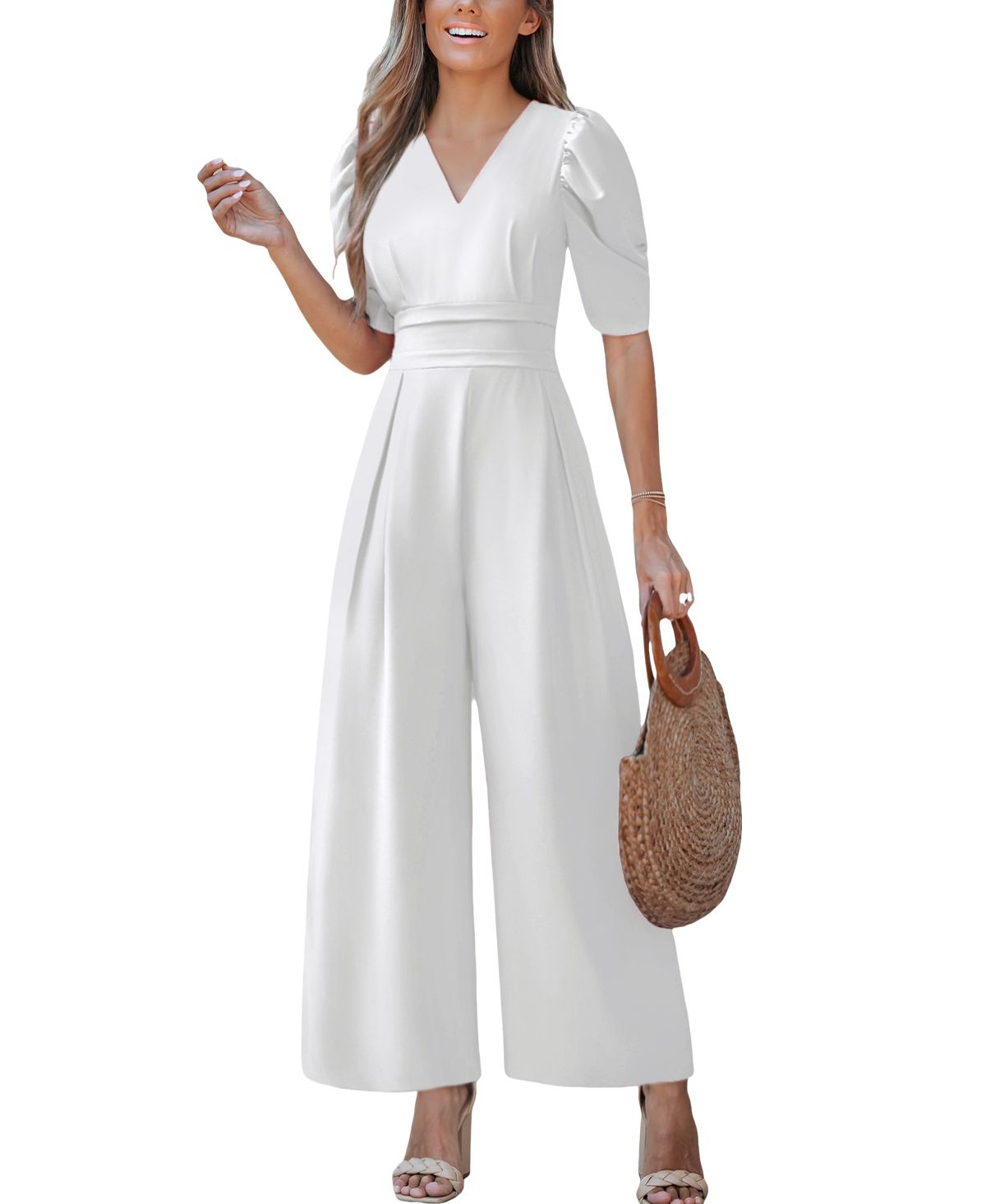 Click here for Cupshe Womens V-Neck Wide Leg Jumpsuit - Light bei... prices