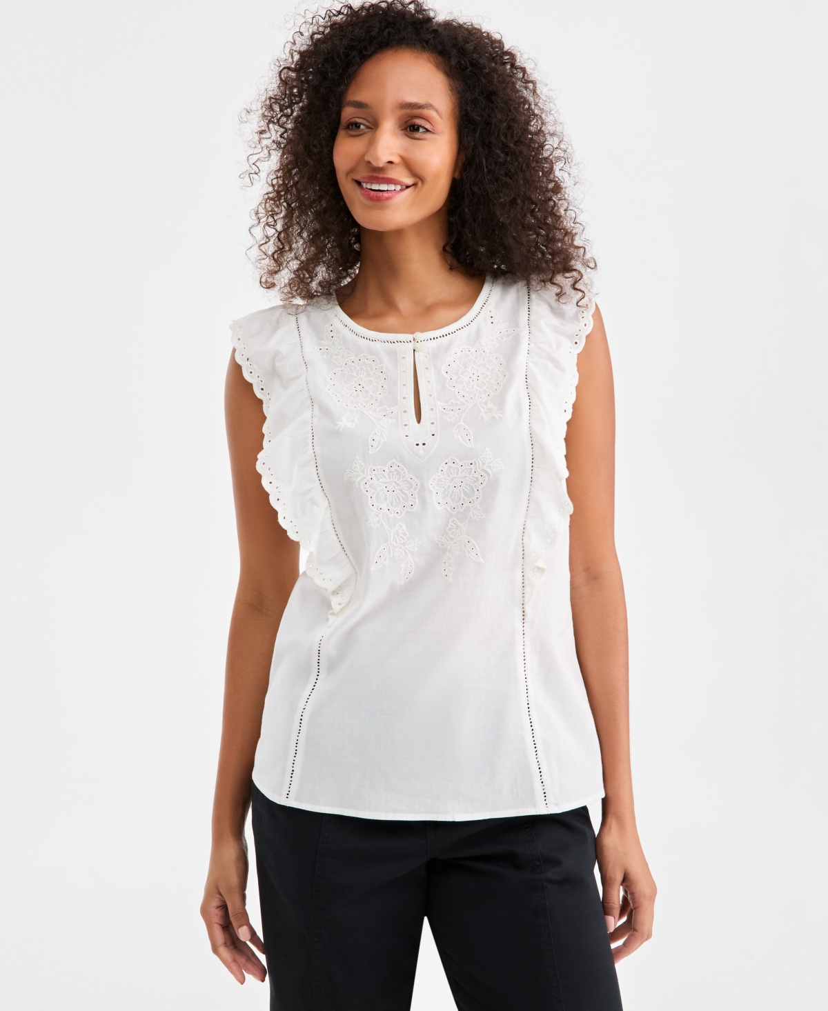 Click here for Style & Co Womens Cotton Eyelet-Trim Flutter-Sleev... prices