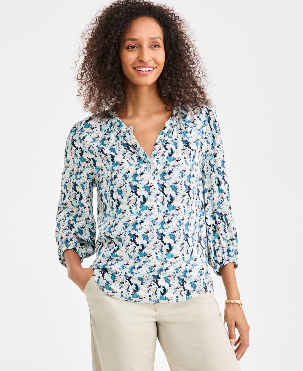Click here for Style & Co Womens Printed Split-Neck Bubble-Sleeve... prices