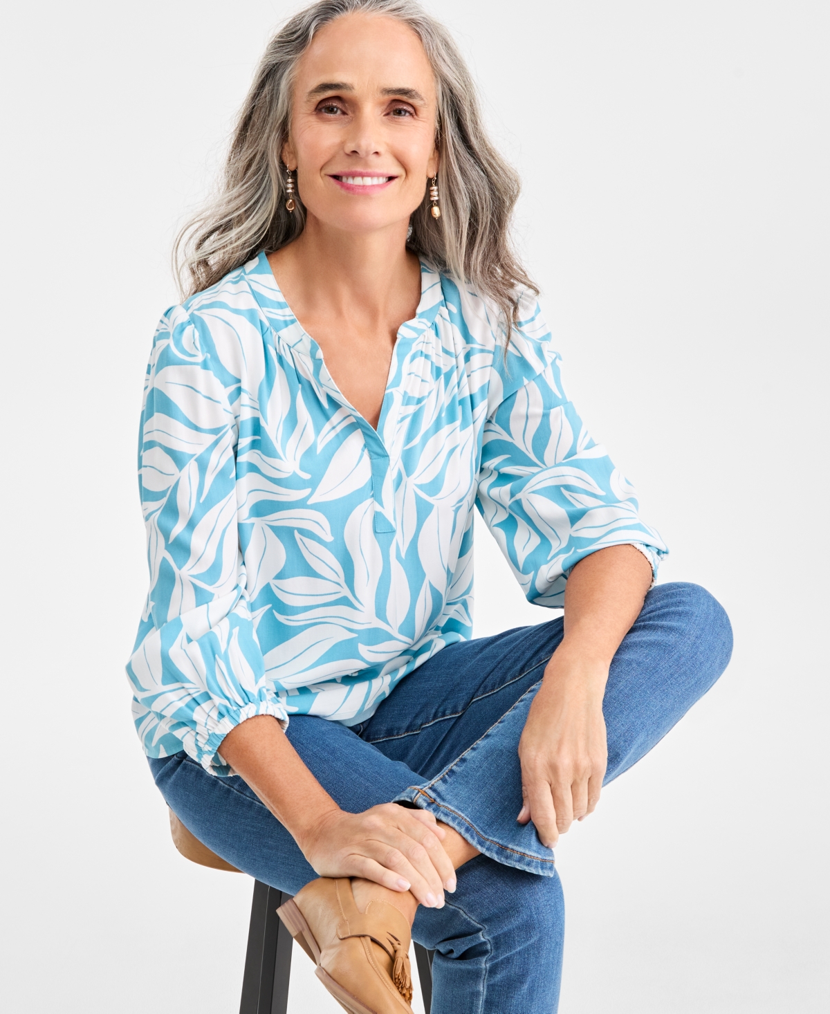 Click here for Style & Co Womens Leaf-Print Split-Neck Bubble-Sle... prices