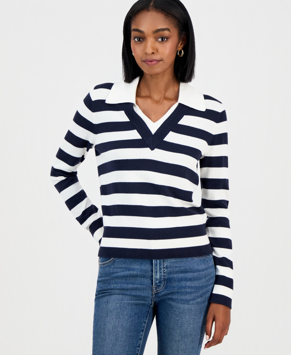 Click here for Nautica Jeans Womens Contrast-Collar Stripe Sweate... prices