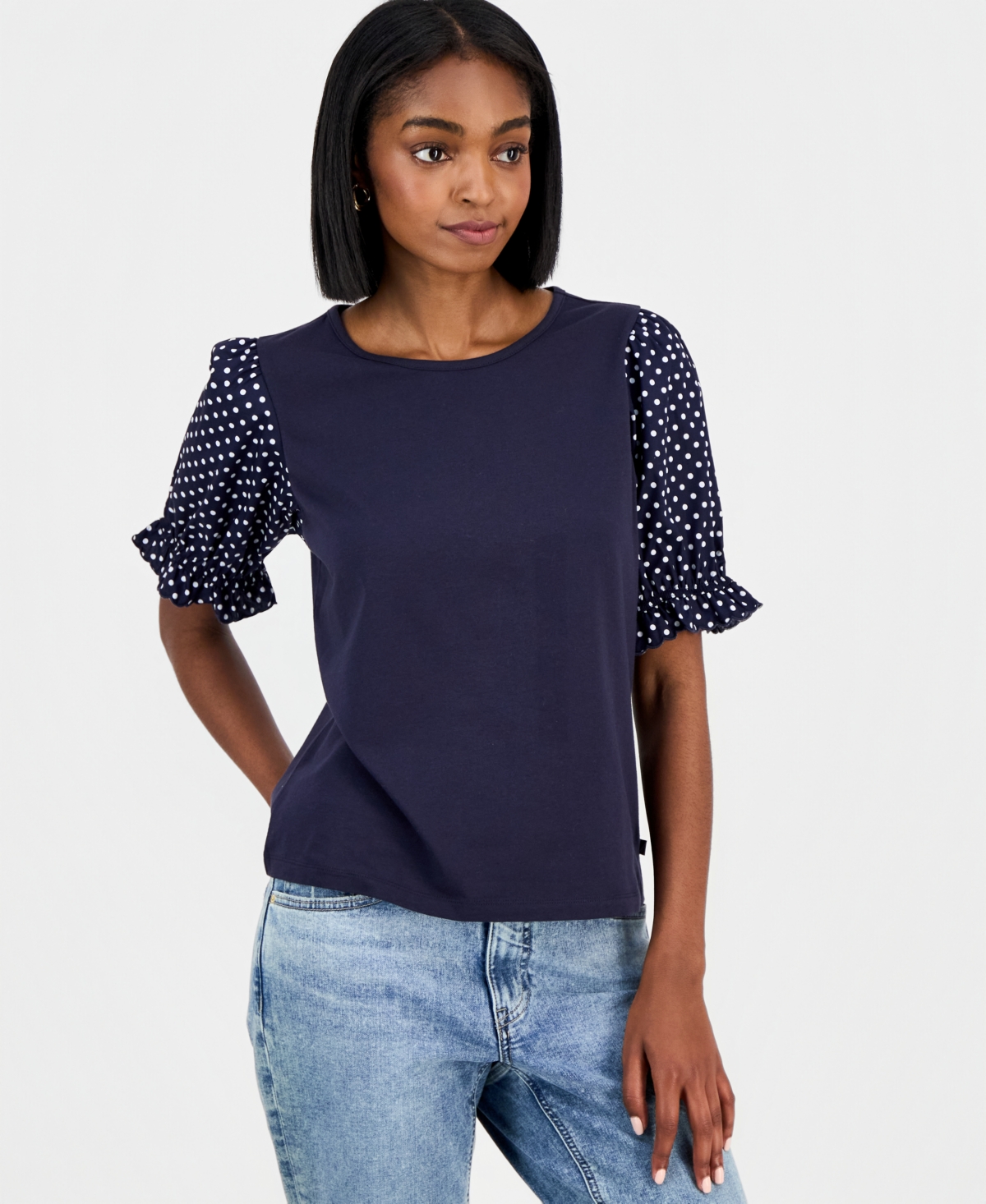 Click here for Nautica Jeans Womens Round-Neck Contrast-Puff-Slee... prices