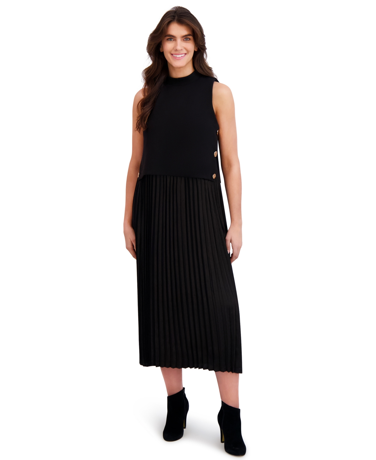 Click here for London Times Petite Pleated Knit Mock Neck Midi Dr... prices