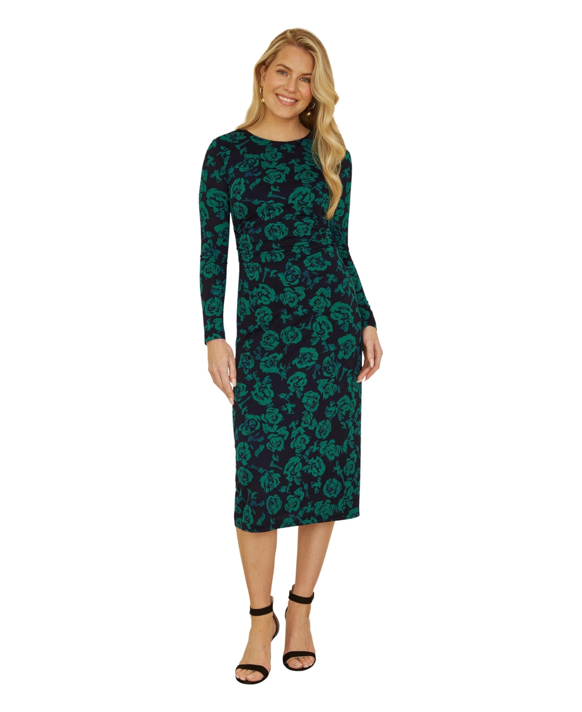Click here for Yumi Womens Floral Fitted Mesh Midi Dress - Green prices