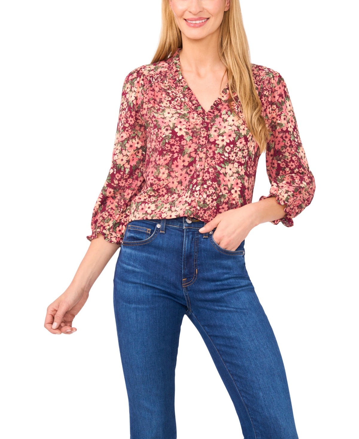 Click here for CeCe Womens 3/4-Sleeve V-Neck Top - Fresh Berry prices
