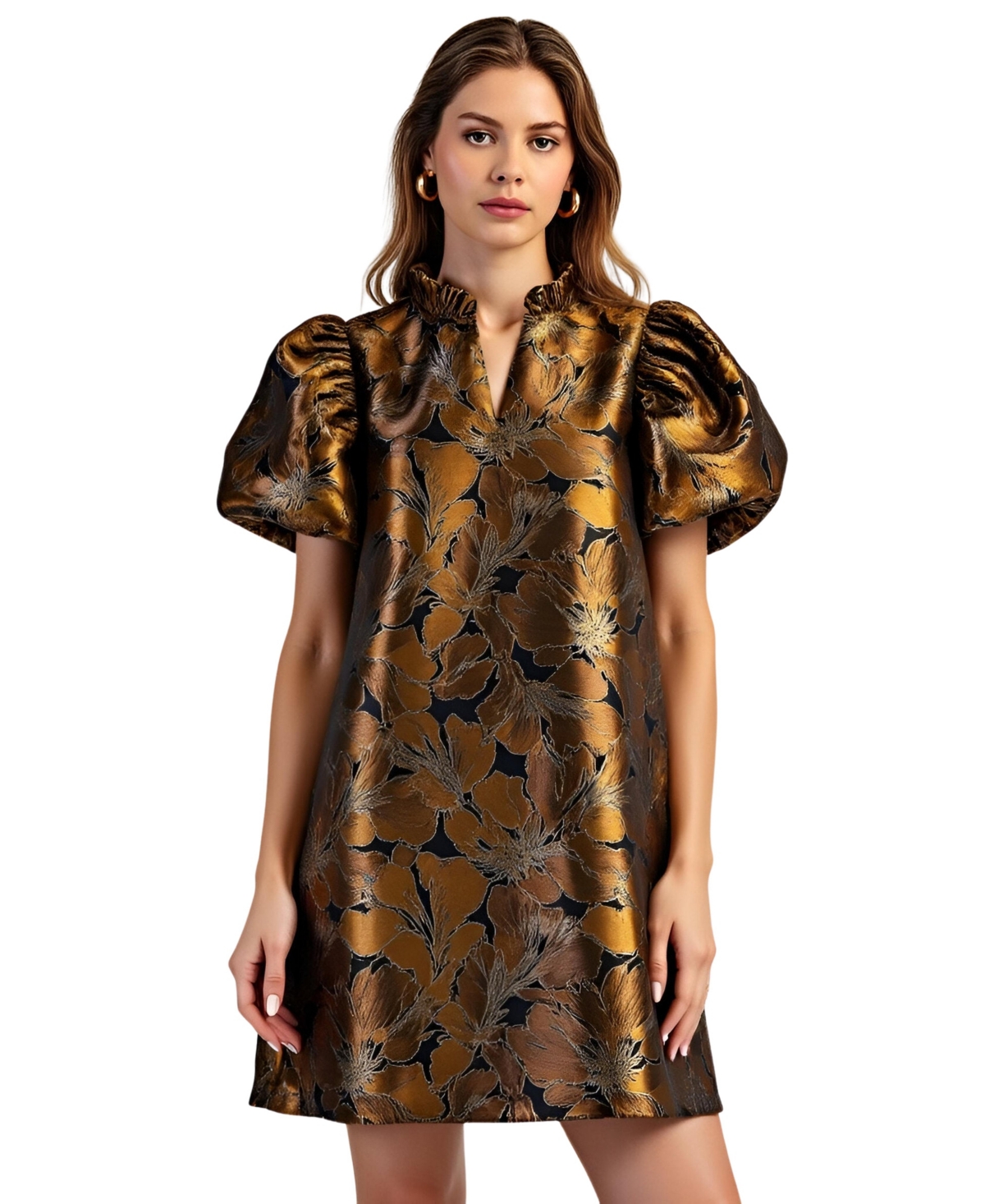 Click here for Modenaire Womens Metallic Floral Puff-Sleeve Ruffl... prices