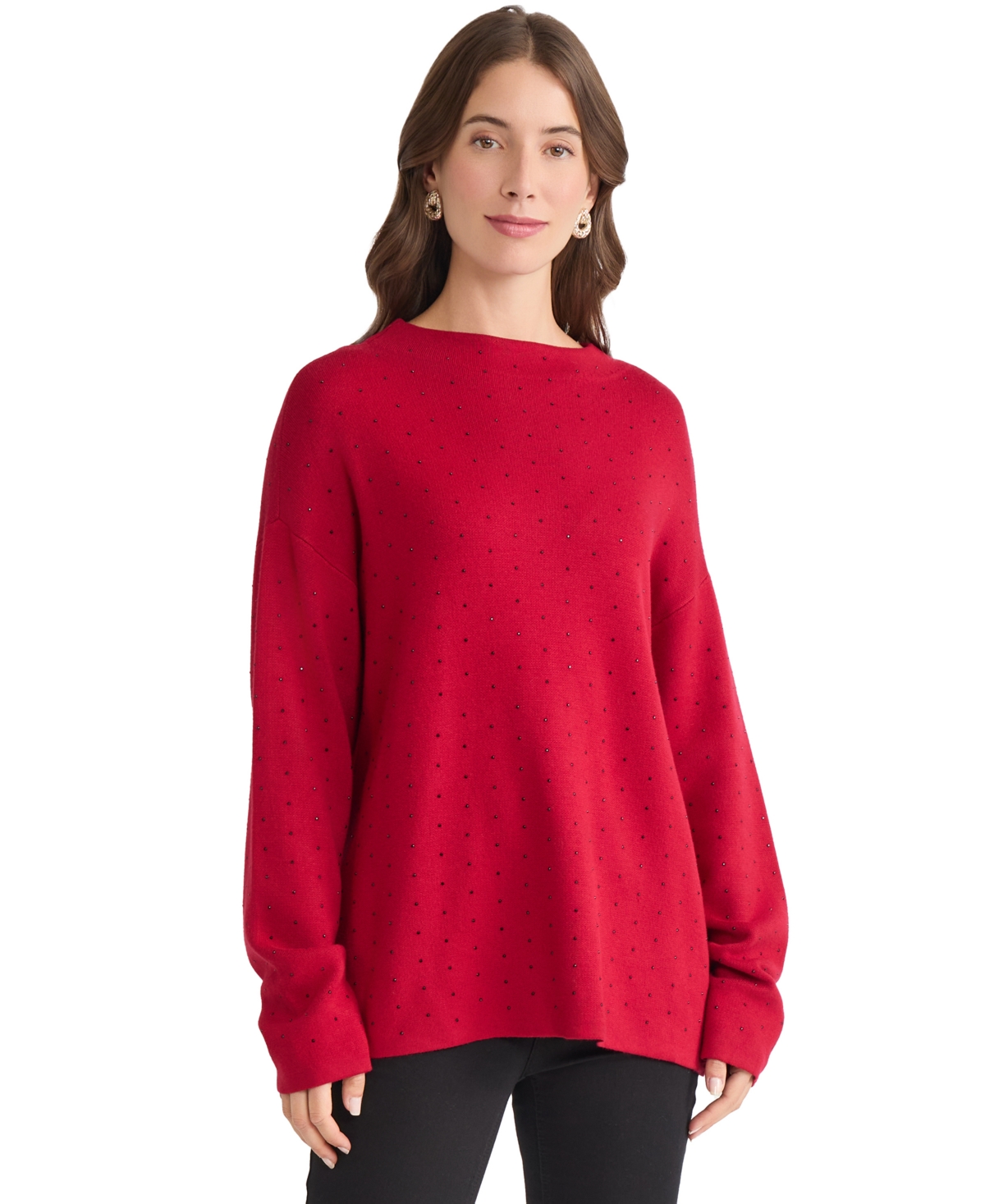 Jones New York Womens Funnel Mock Neck Heatset Sweater - Jones White W/ Silver Heatset