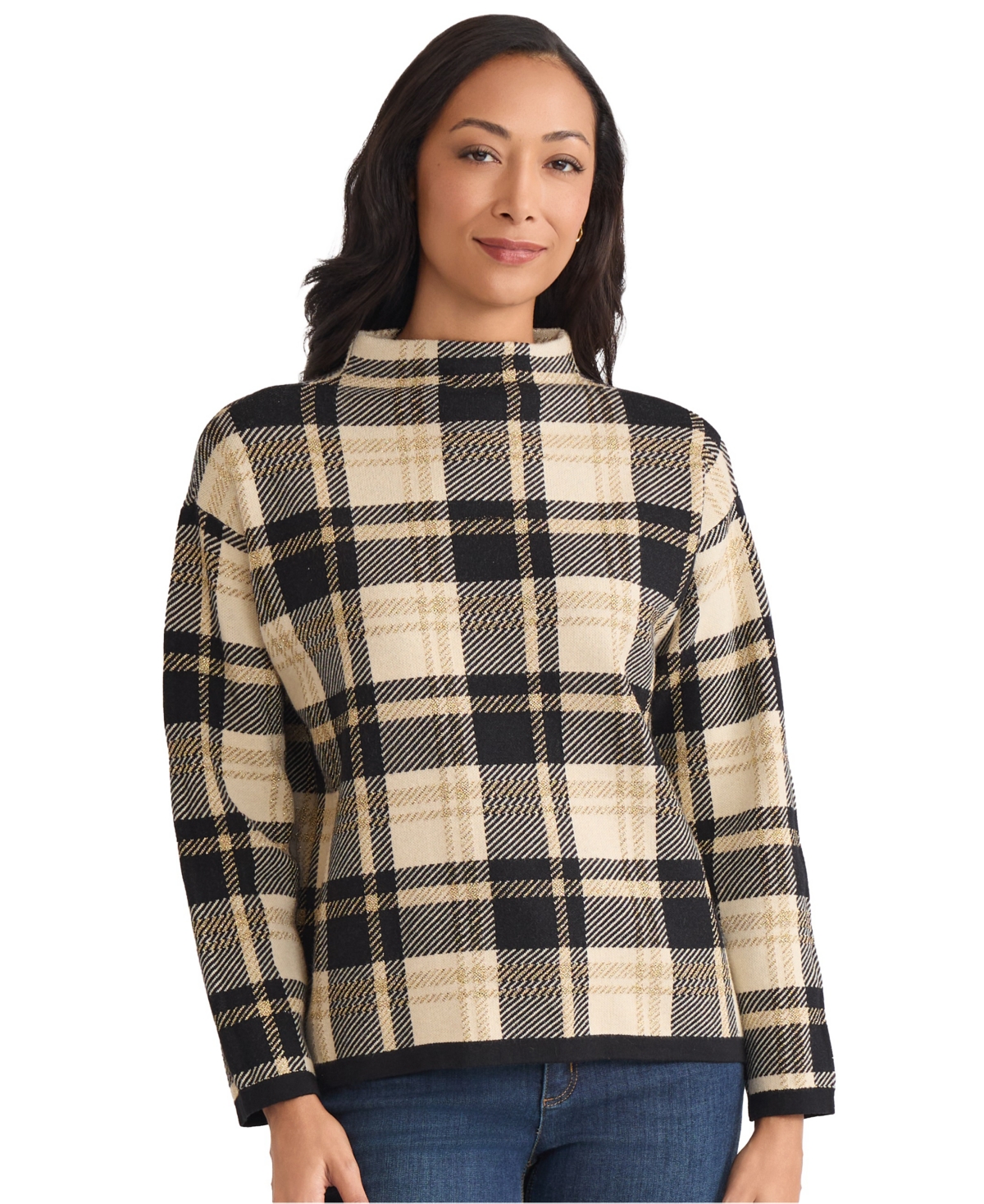 Jones New York Womens Plaid Mock Neck Sweater - Jones Black white
