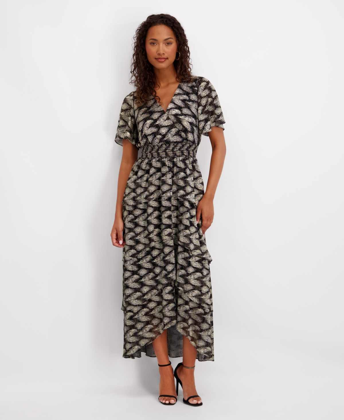 Click here for kensie Womens V-Neck Tiered Maxi Dress - Black Gol... prices