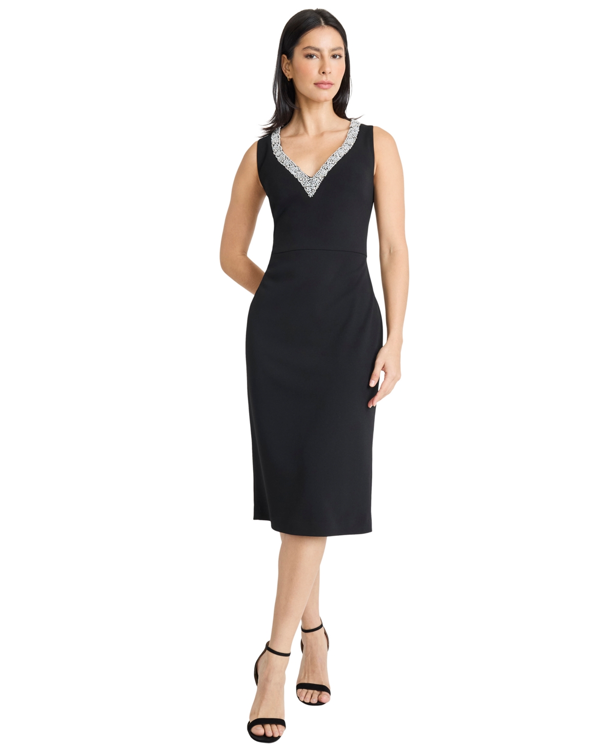 Click here for Maggy London Womens V-Neck Embellished Sheath Midi... prices