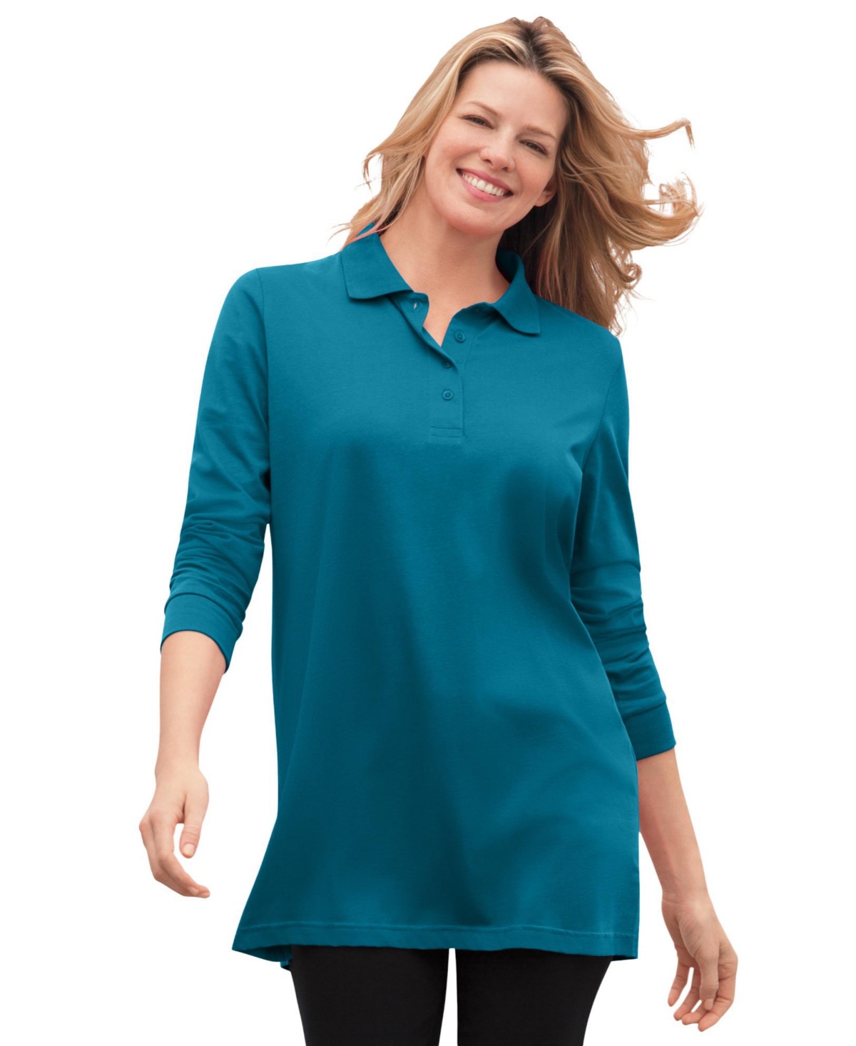 Click here for Woman Within Plus Size Long-Sleeve Polo Shirt - De... prices