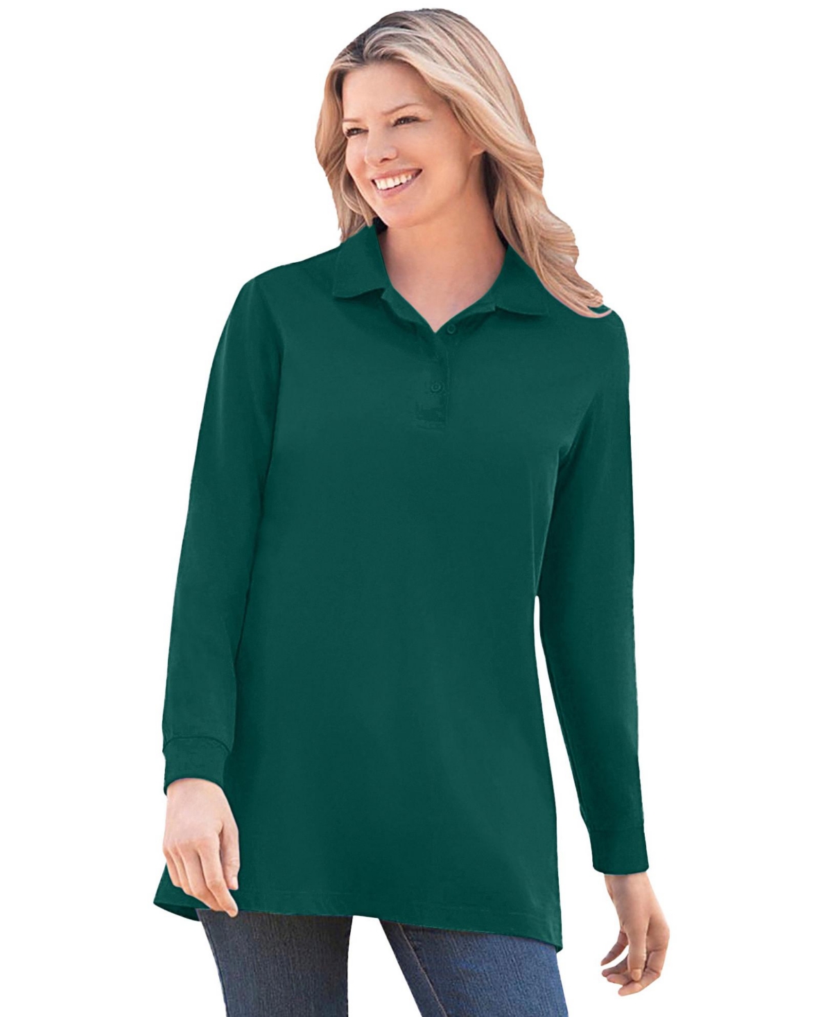 Click here for Woman Within Plus Size Long-Sleeve Polo Shirt - Em... prices