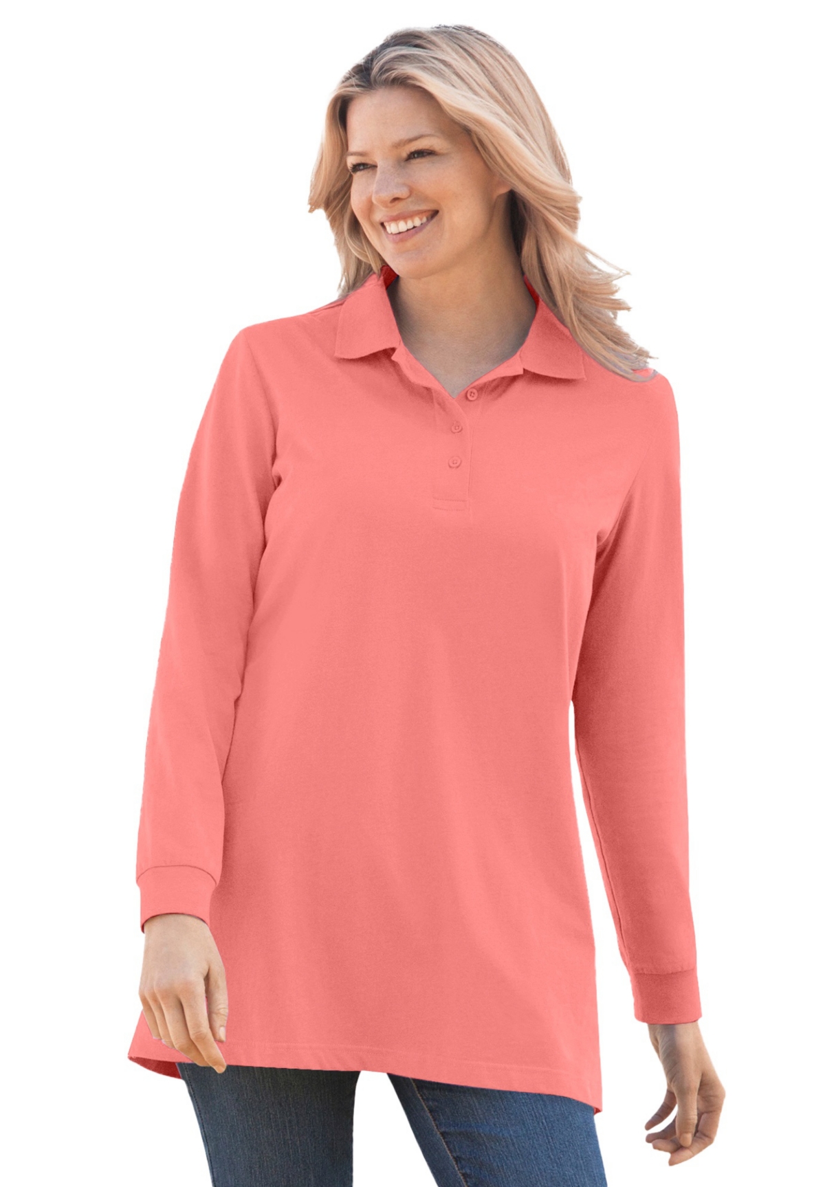 Click here for Woman Within Plus Size Long-Sleeve Polo Shirt - Sw... prices