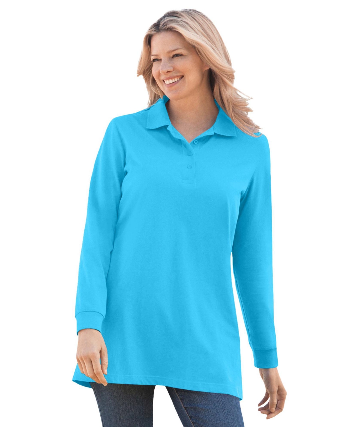 Click here for Woman Within Plus Size Long-Sleeve Polo Shirt - Pa... prices