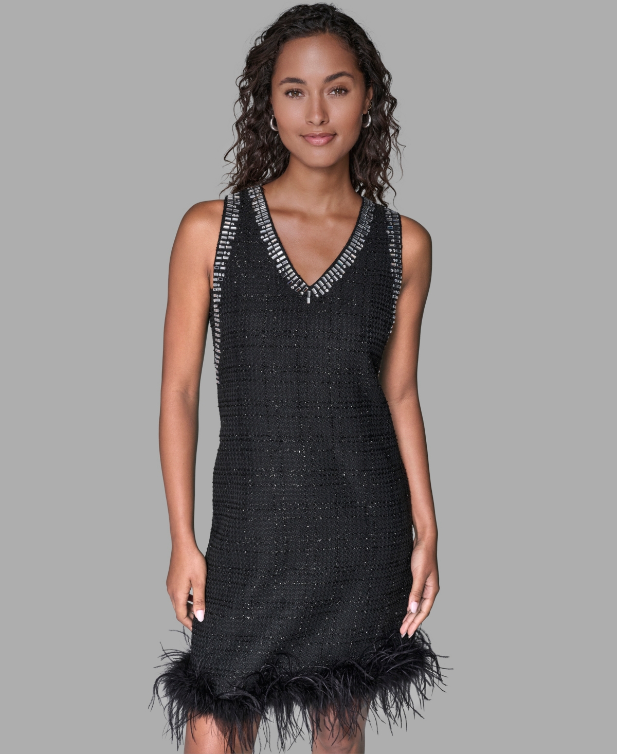 Karl Lagerfeld Paris Womens V-Neck Embellished Shift Dress - BLACK