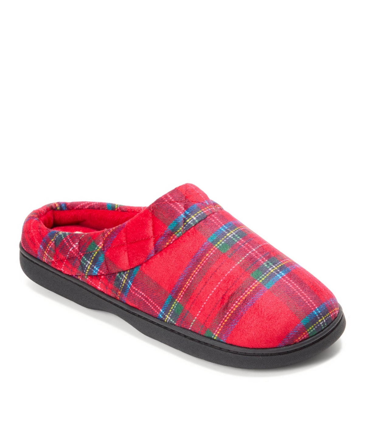 Dearfoams Womens Darcy Quilted Cuff Velour Clog House Slipper - Red plaid
