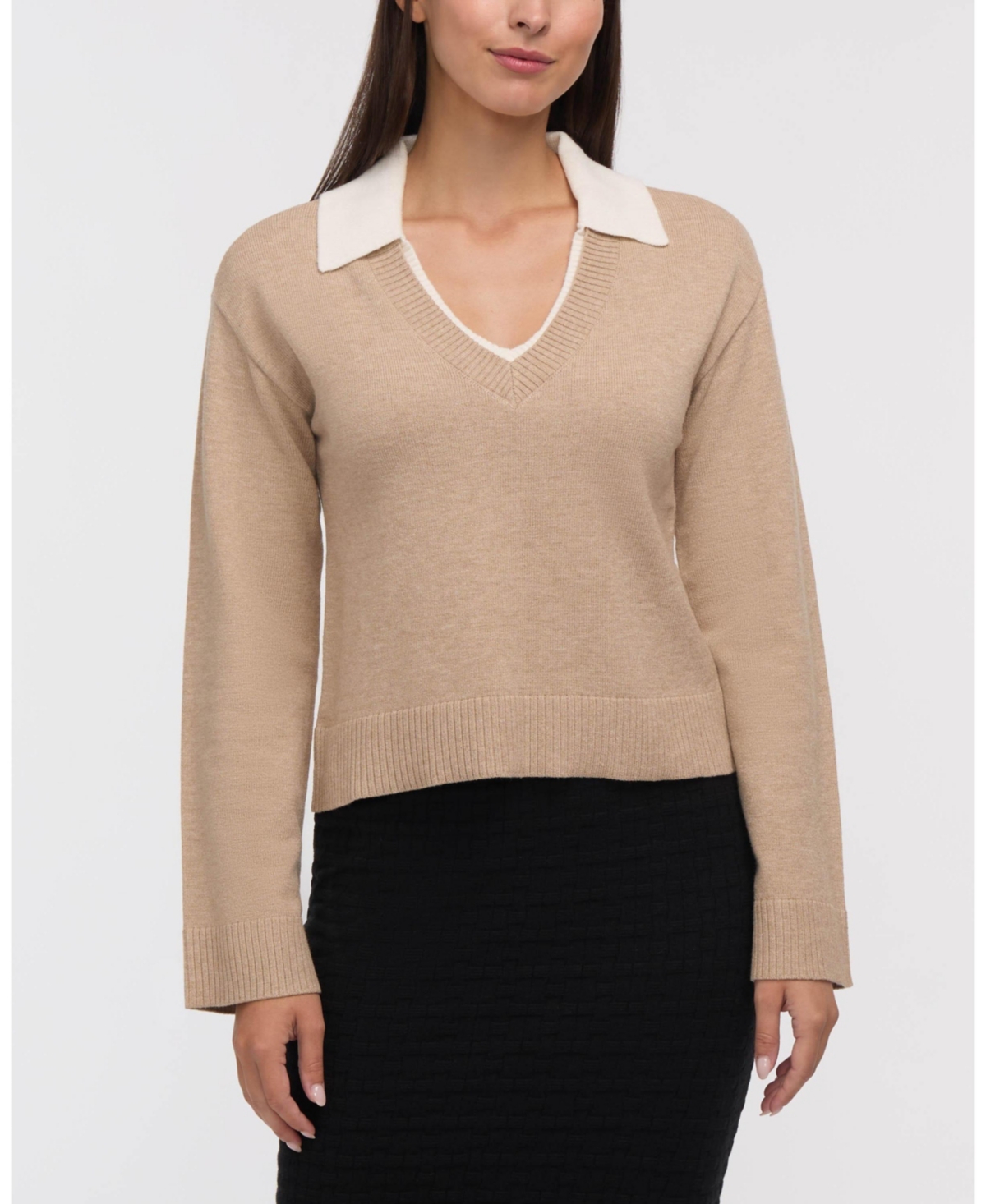 Click here for Ellen Tracy Womens Double Collar Sweater - Camel m... prices