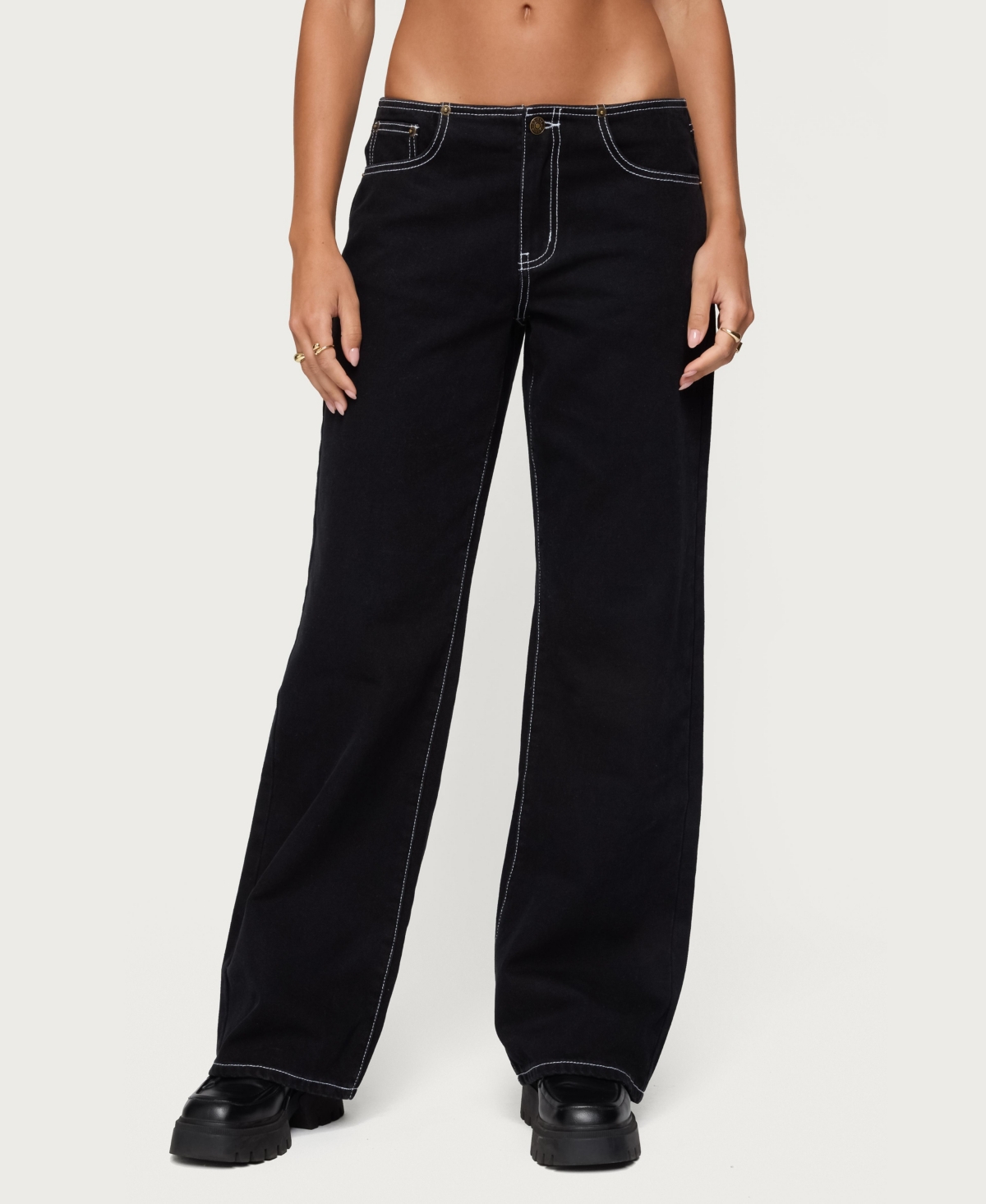 Click here for Edikted Womens Contrast Stitch Low Rise Jeans - Bl... prices