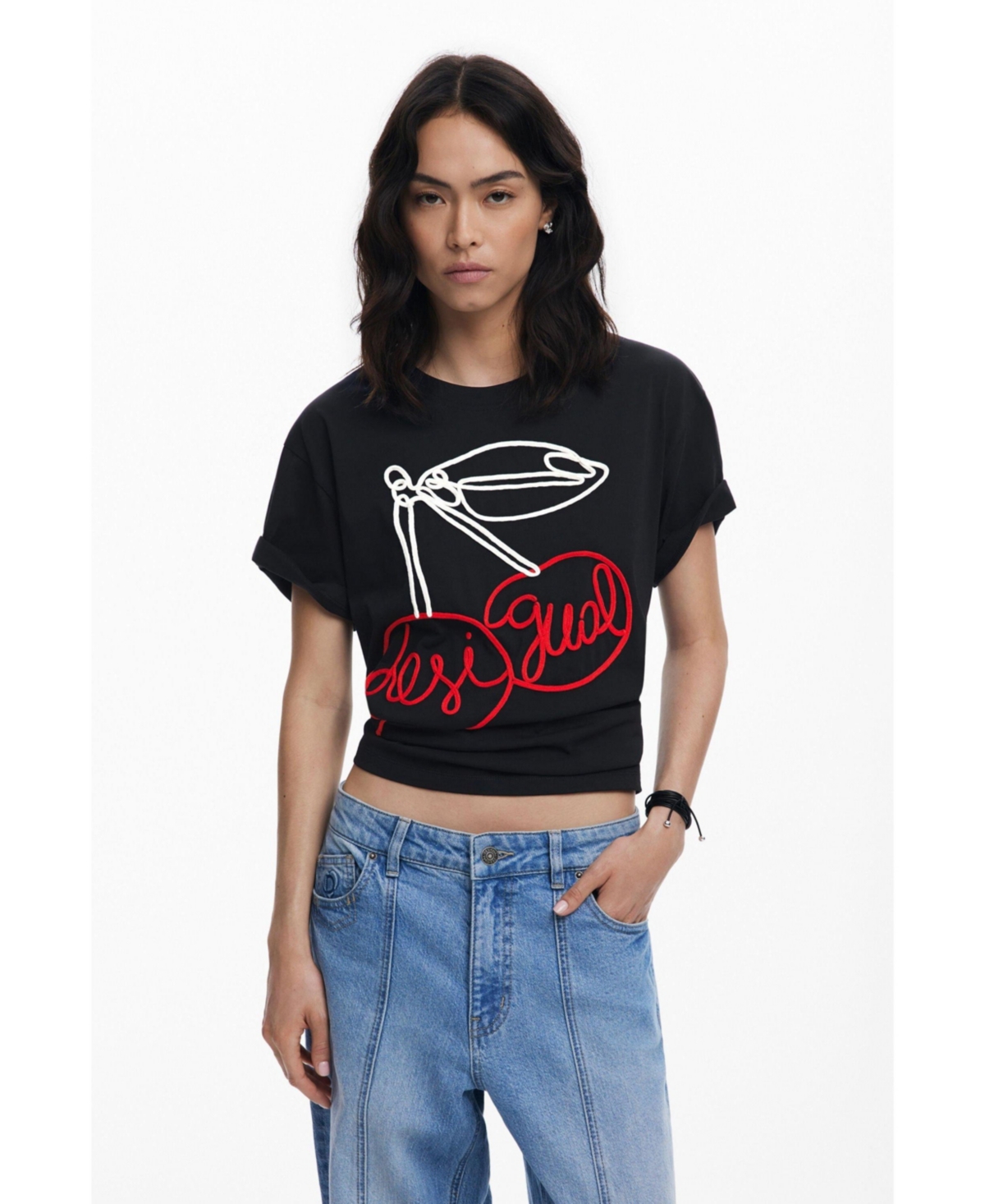 Click here for Desigual Womens Cherry embossed T-shirt - Black prices