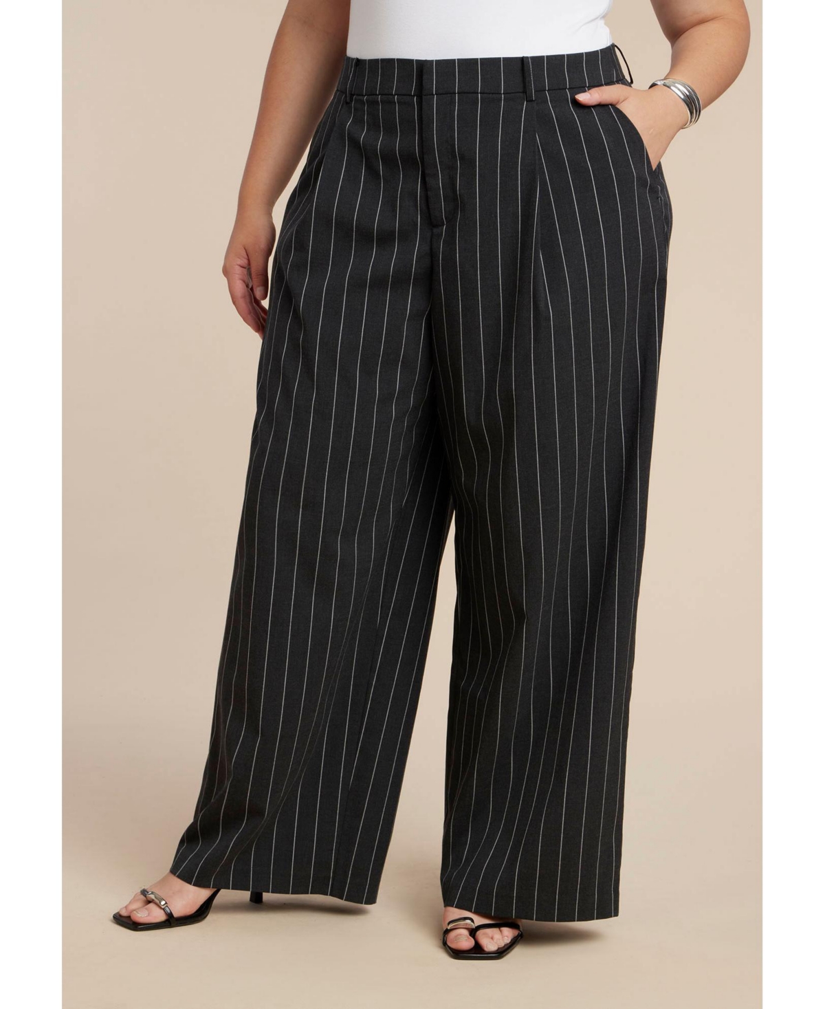 Click here for Eloquii Womens Wide Leg Pinstripe Trouser - Grey a... prices