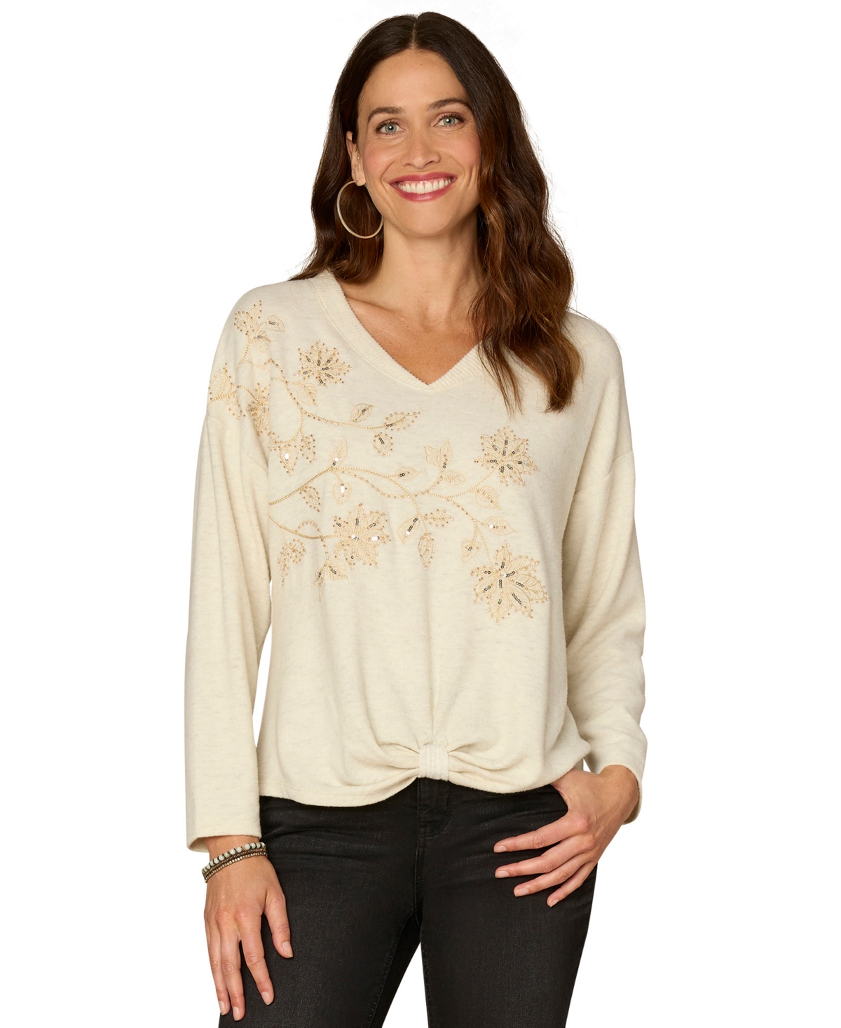 Click here for Democracy Petite V-Neck Knot Hem Top - Heather Cre... prices