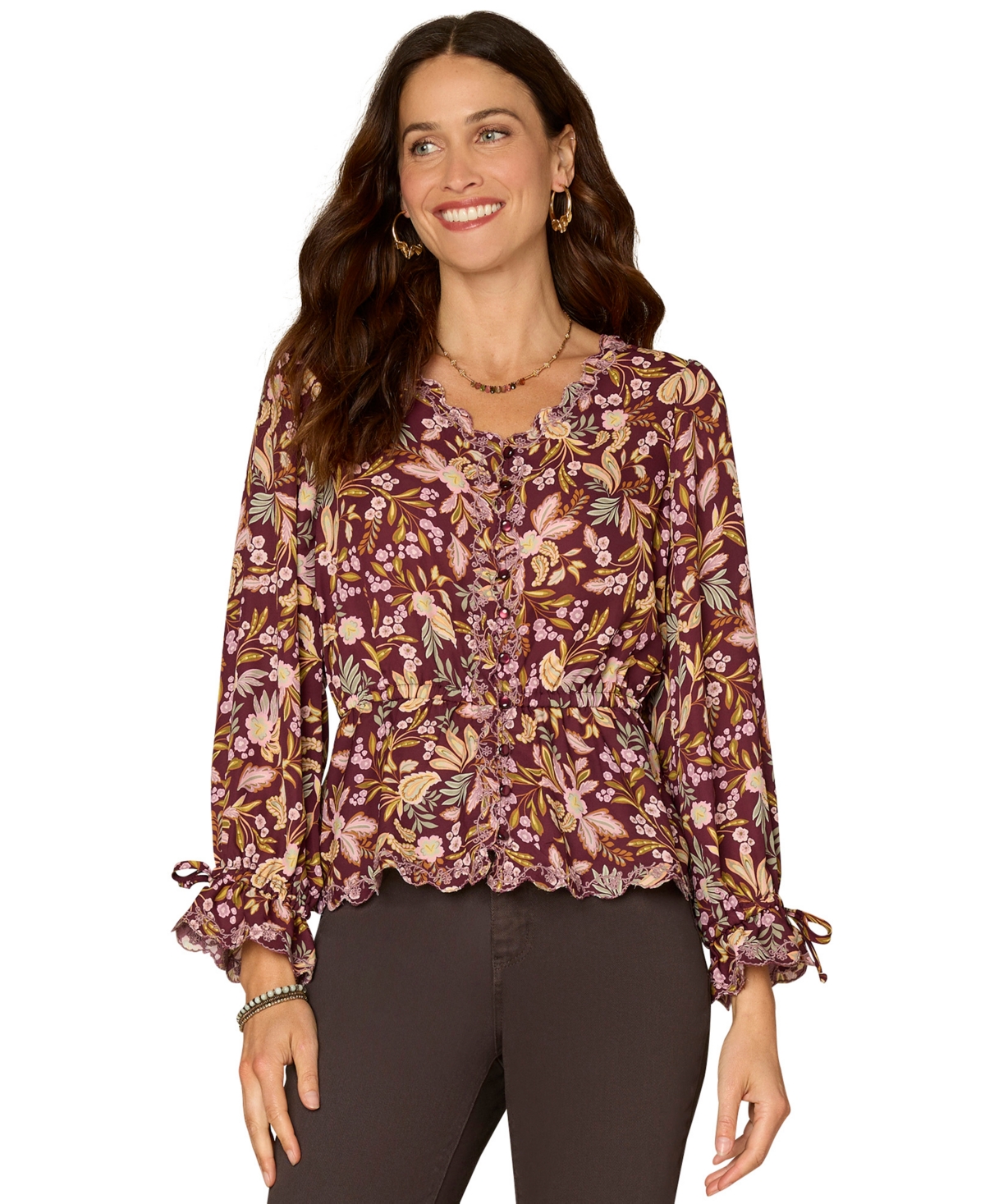 Click here for Democracy Petite V-Neck Printed Woven Top - Pickle... prices